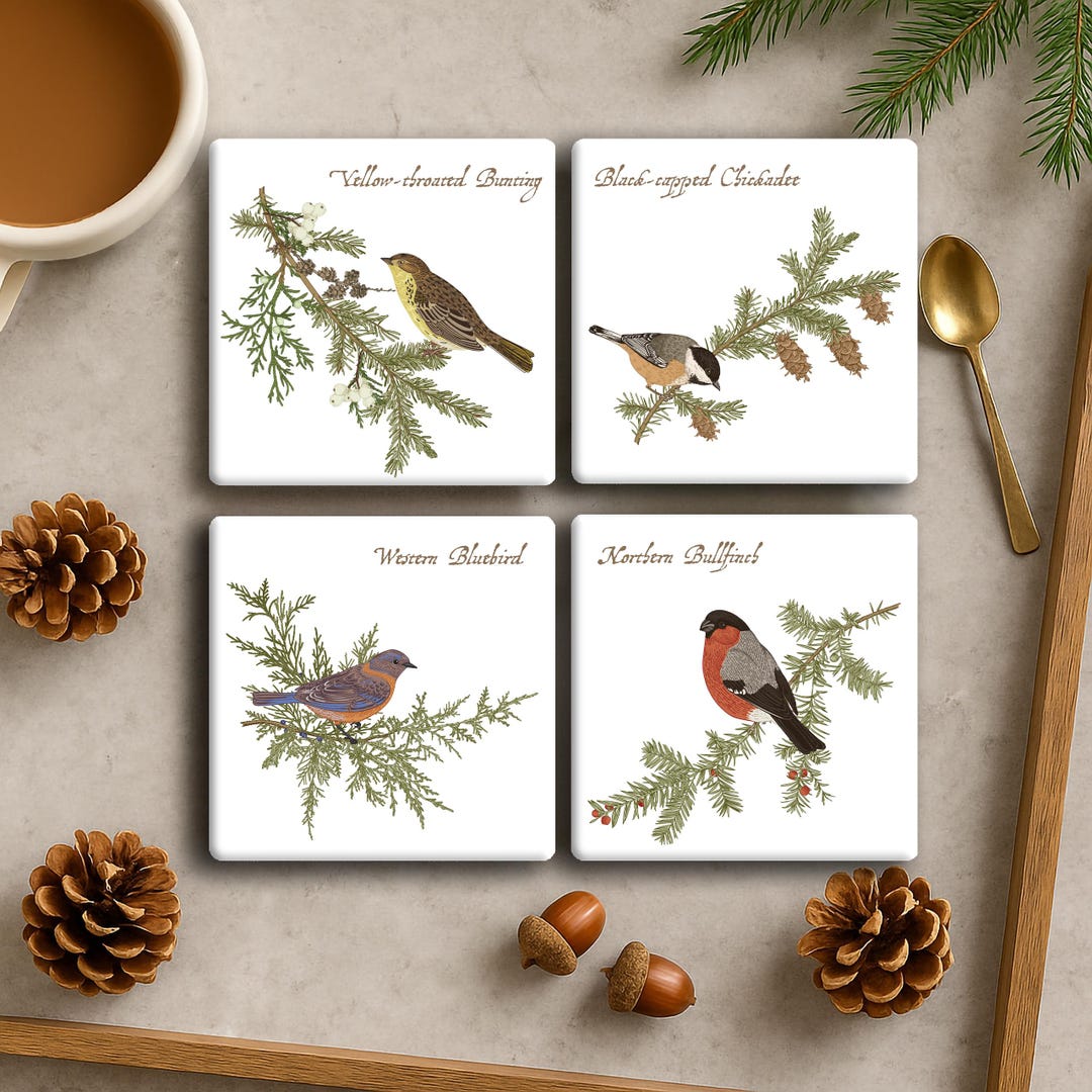 Set of 4 Vintage Birds Ceramic Coasters-chickadee,bluebird,bullfinch ...