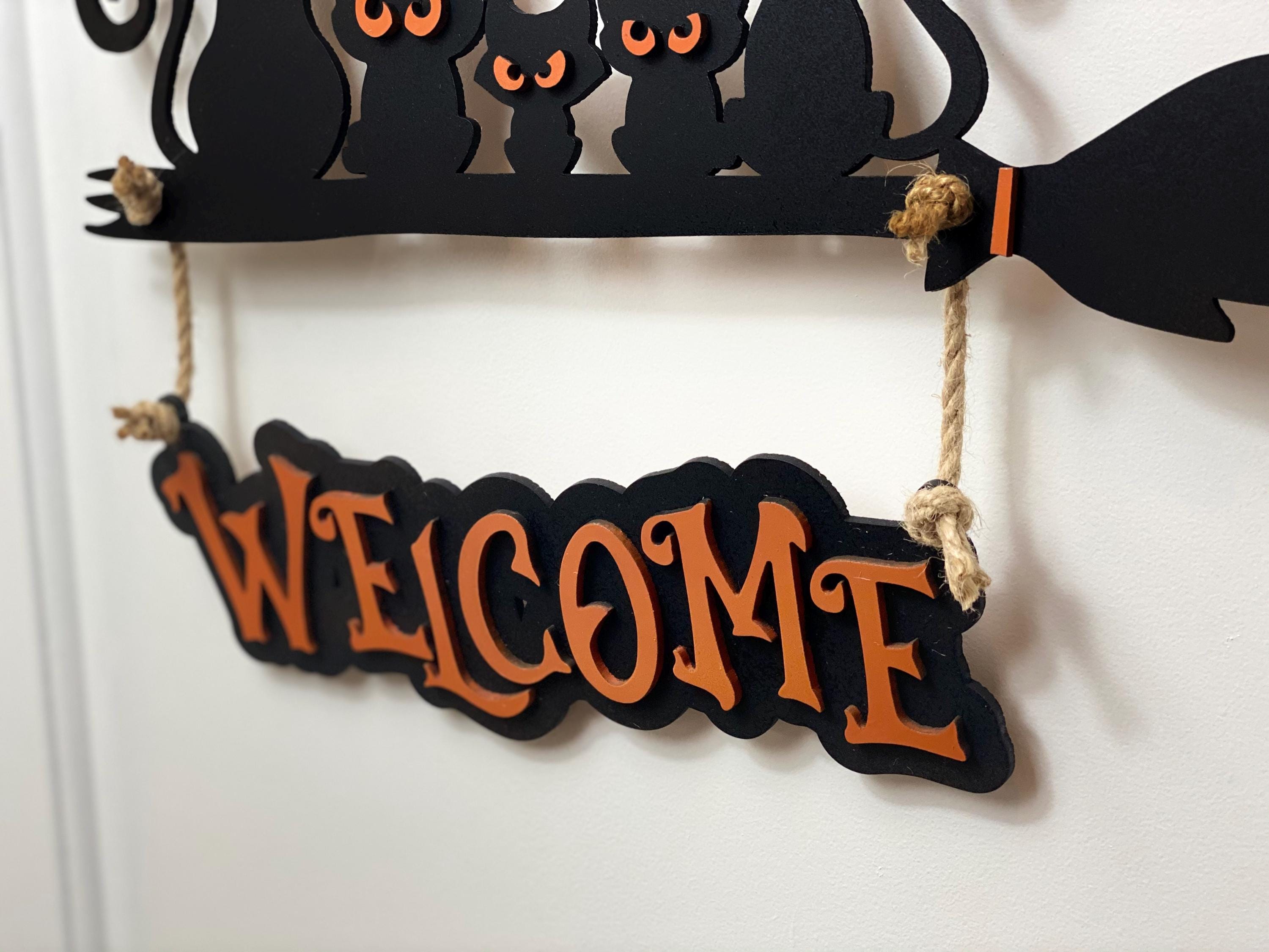 17 Inch Custom Layered Halloween Black Cat Family on Broom Door Hanger ...
