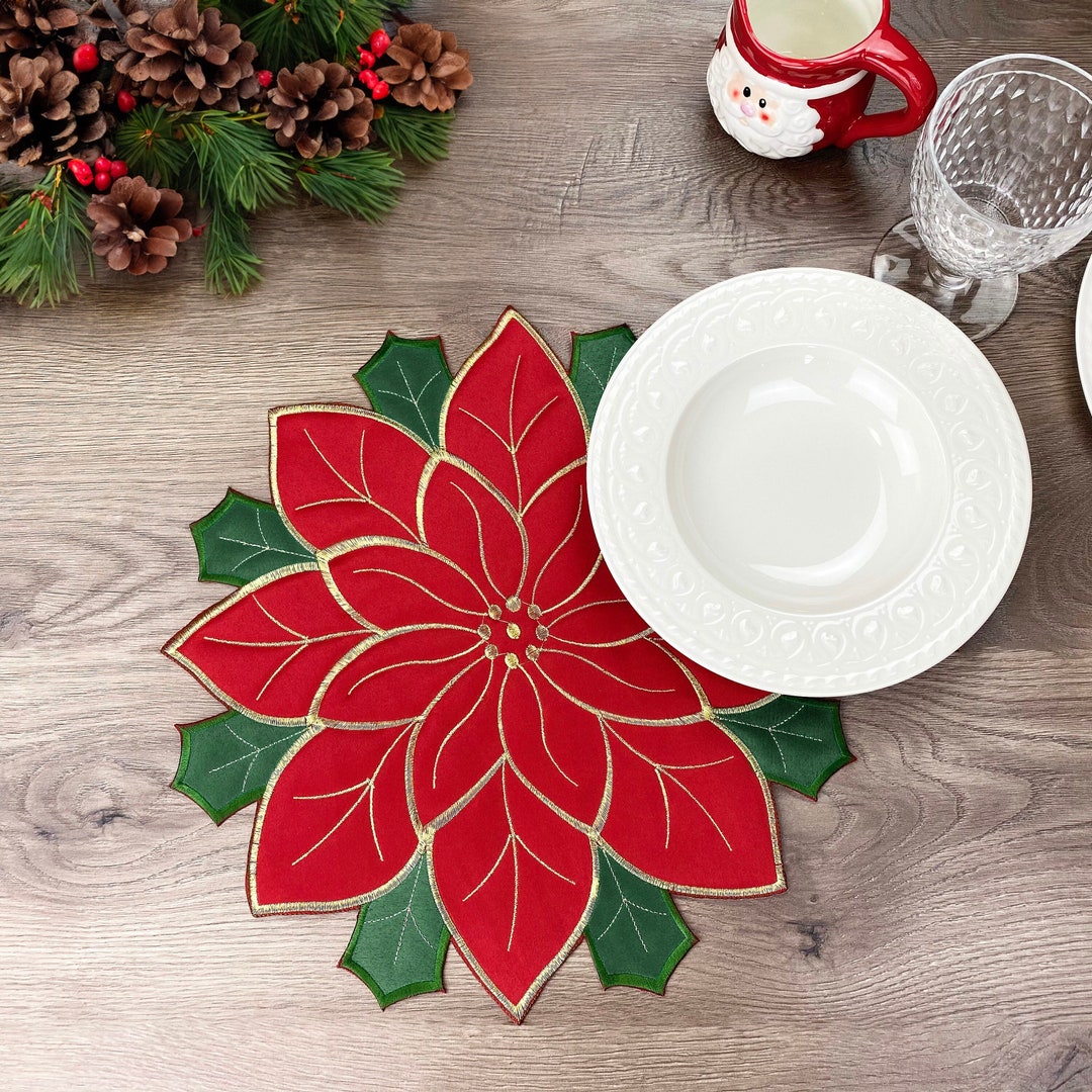 Embroidered Christmas Poinsettia Placemats - Set of 4 Festive Cutwork ...