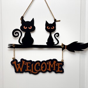 17 Inch Custom Layered Halloween Black Cat Family on Broom Door Hanger ...