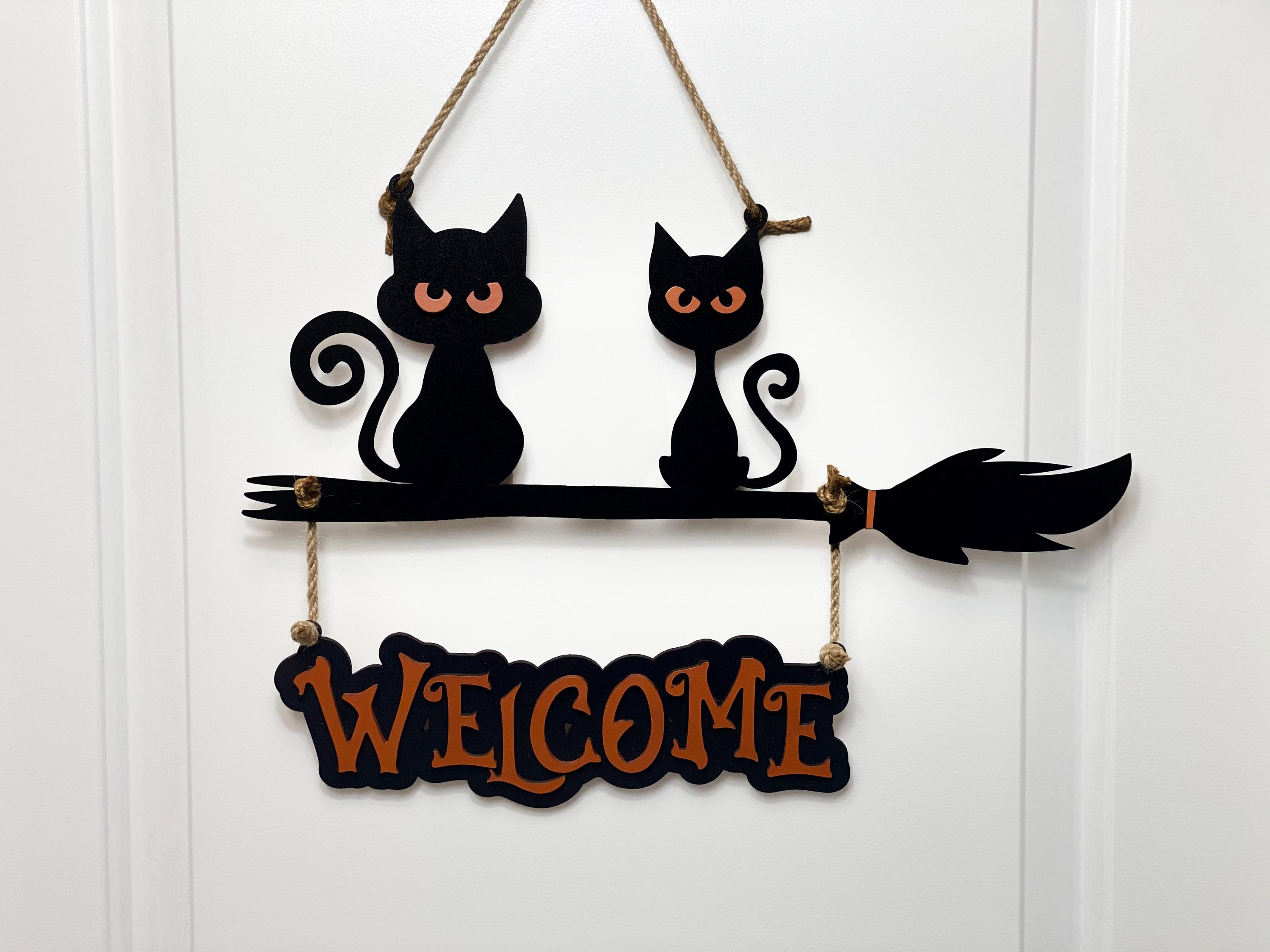17 Inch Custom Layered Halloween Black Cat Family on Broom Door Hanger ...
