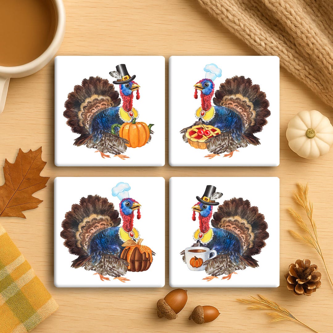 Set of 4 Thanksgiving Turkey Coasters C,fall Turkeys With Pilgrim ...