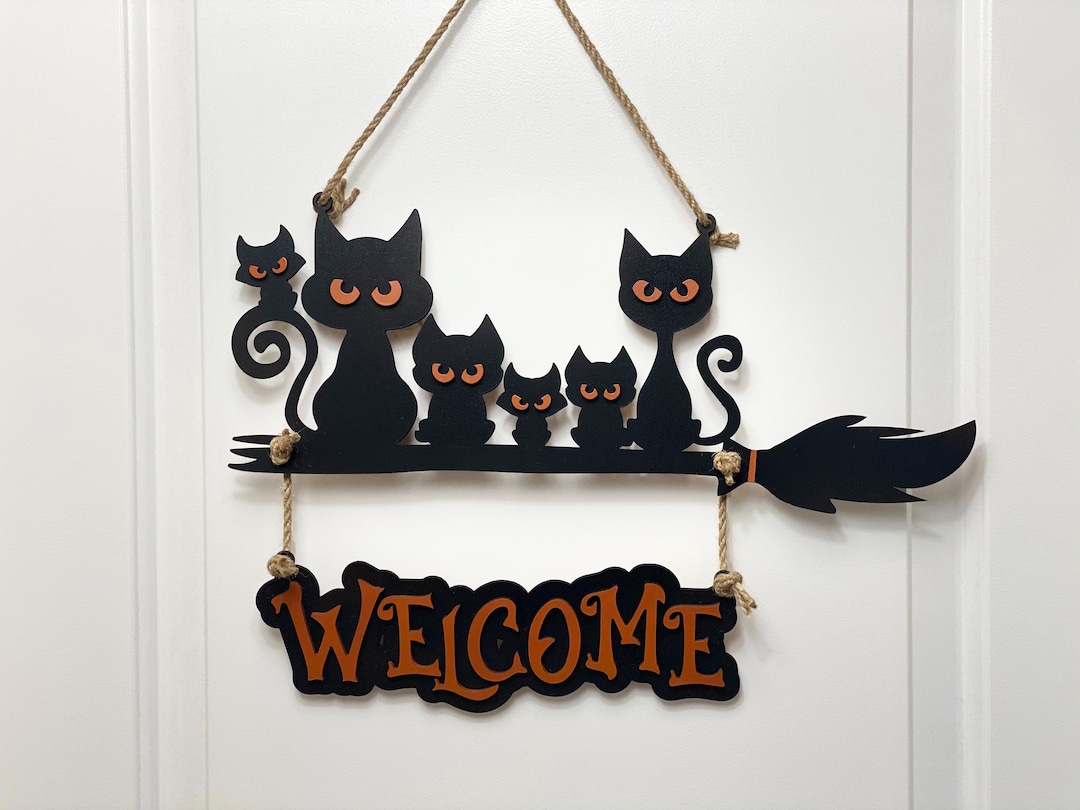 17 Inch Custom Layered Halloween Black Cat Family on Broom Door Hanger ...