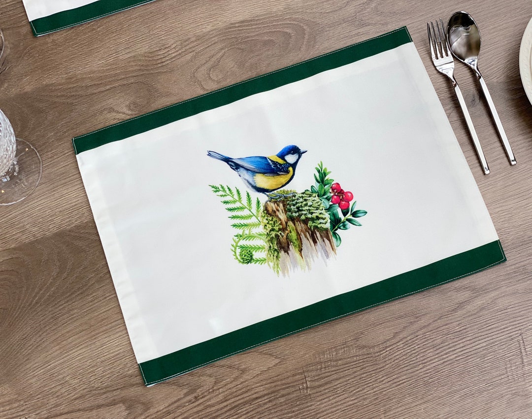 Set of 4 Forest Nature Placemat, Spring Bird on the Mossy Stump, Forest ...