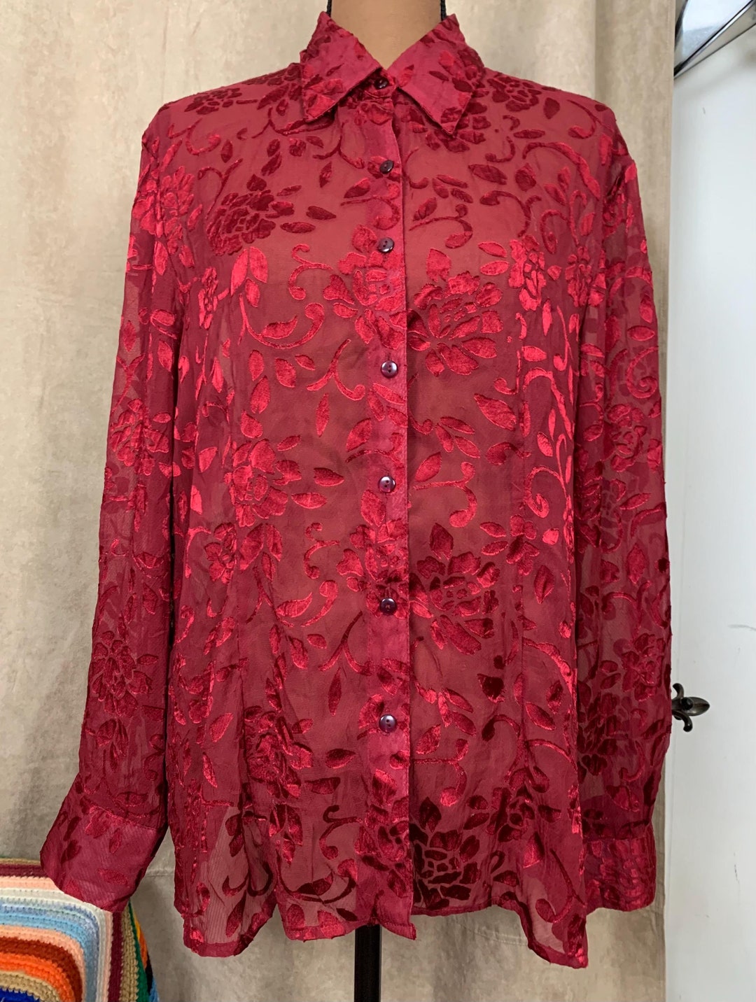 Notations Ruby Red Sheer and Velvet Floral Long Sleeve Blouse - Etsy