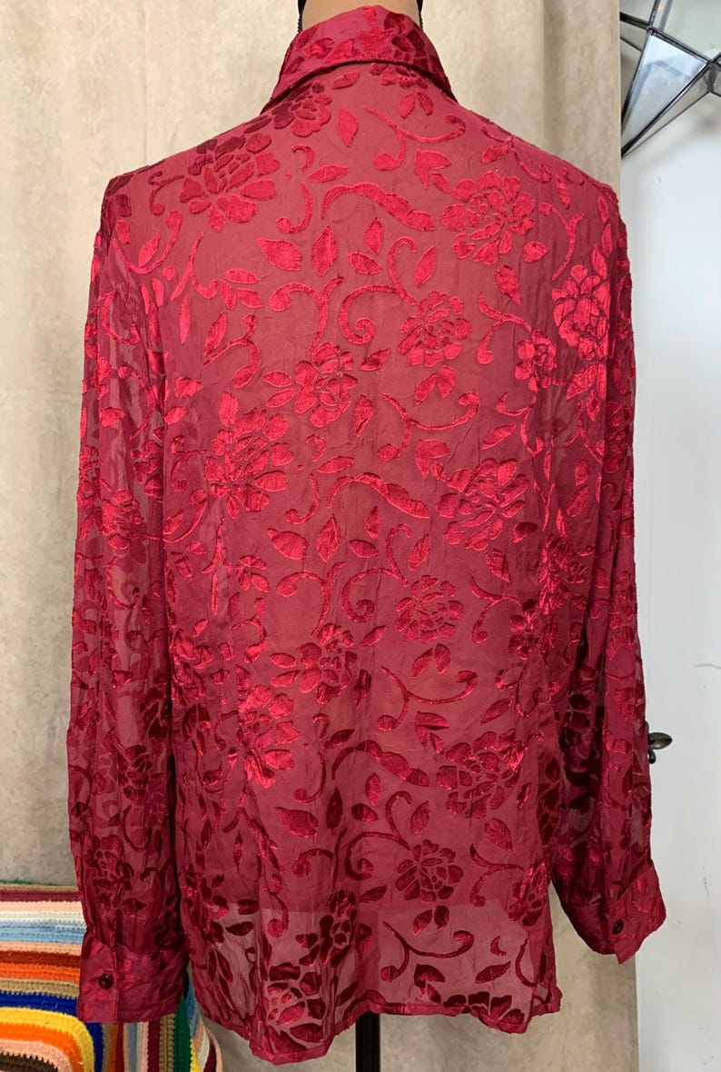 Notations Ruby Red Sheer and Velvet Floral Long Sleeve Blouse - Etsy