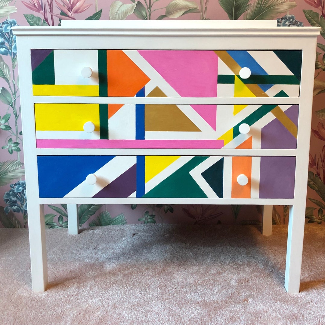 3 Drawer, Chest of Drawers. Patterned Geometric Drawer Unit, Painted ...
