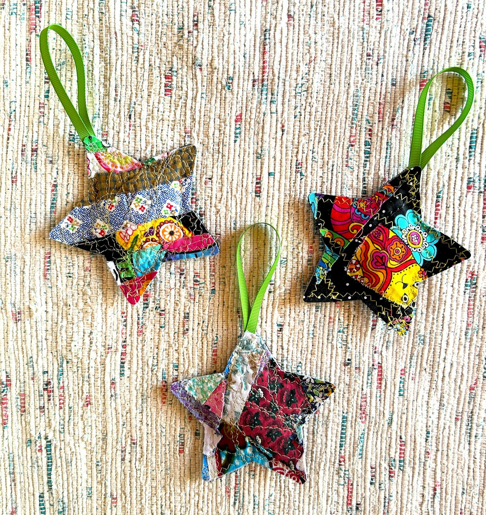 Quilted Star Ornaments, THREE Scrap Quilt Star Ornaments, Soft Quilted ...