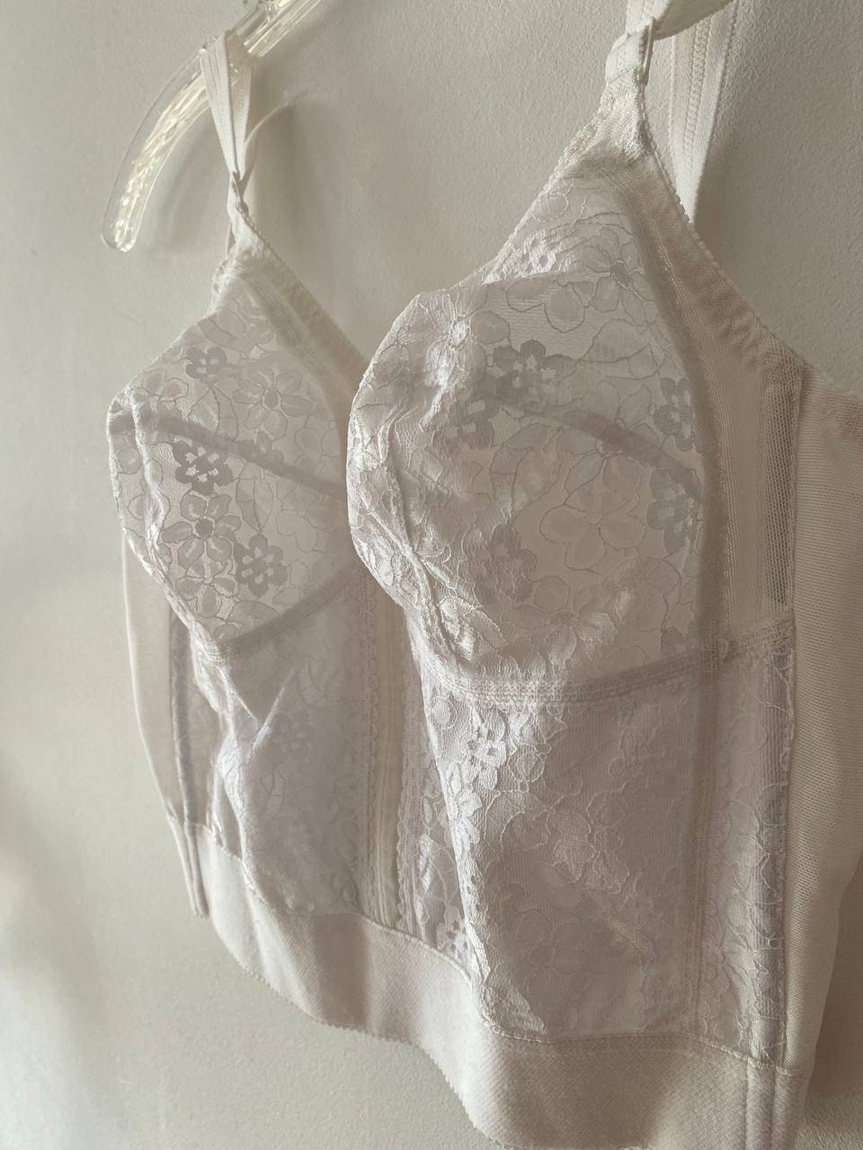 80's Vintage White Longline Bra Full Coverage Embroidered Flowers EU ...