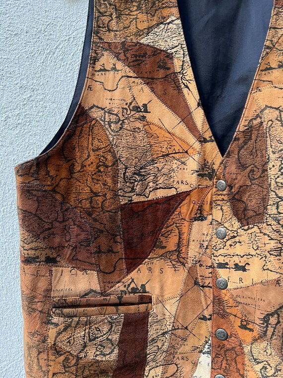 70s leather vest world map printed - Gem