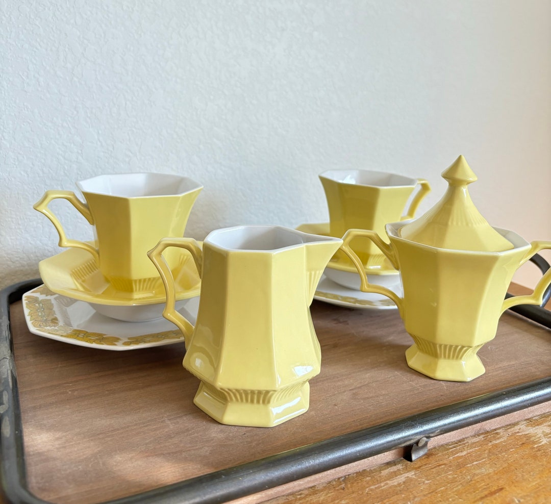 Vintage Mid-century Yellow Tea Set With Cream, Sugar, Teacups, Plates ...