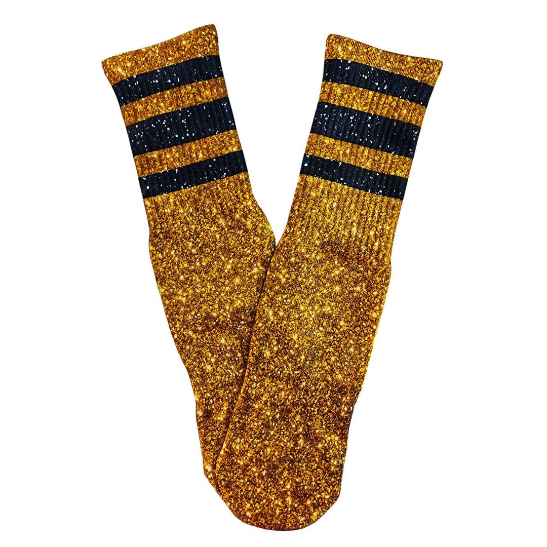 Faux fake Glitter Gold Tube Socks, Black Stripes, Matching Family Socks ...