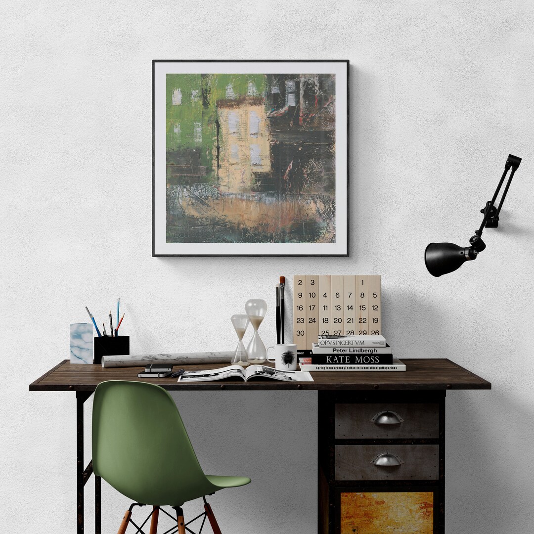 Abstract Row House, Architectural Art Print, Square Wall Art, Green ...