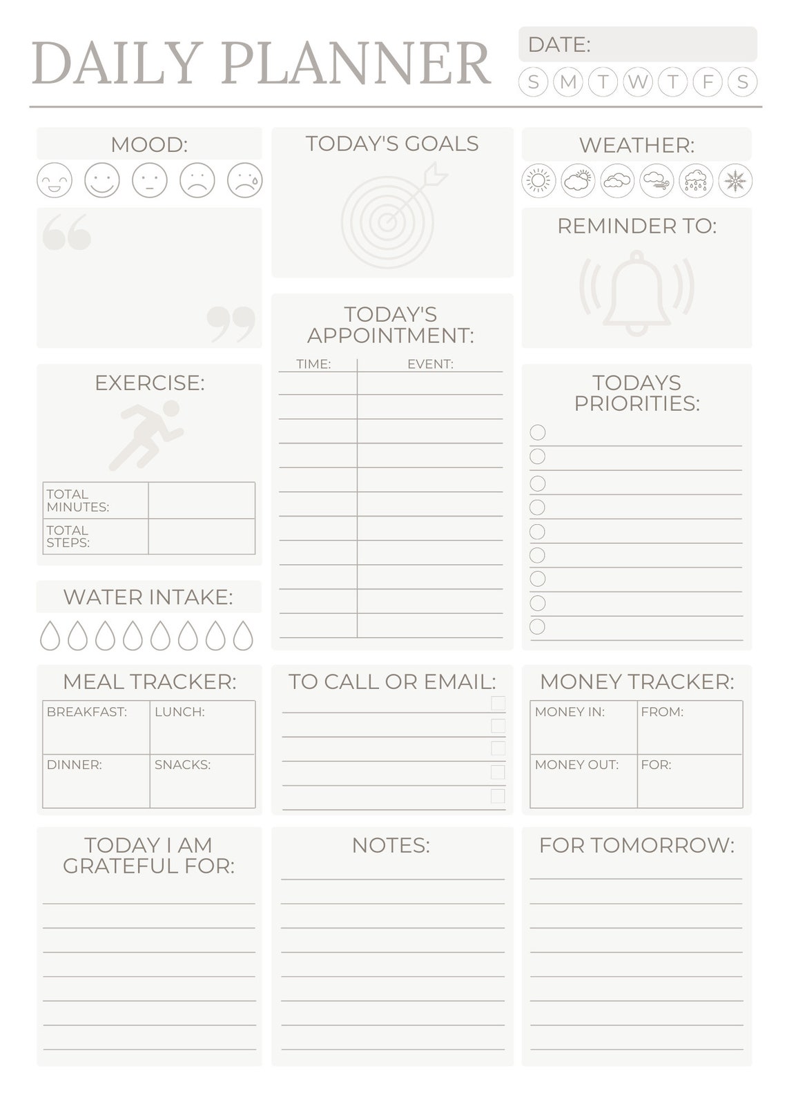 Printable Daily Planner, Digital Daily Planner, Daily To-do, Mood ...