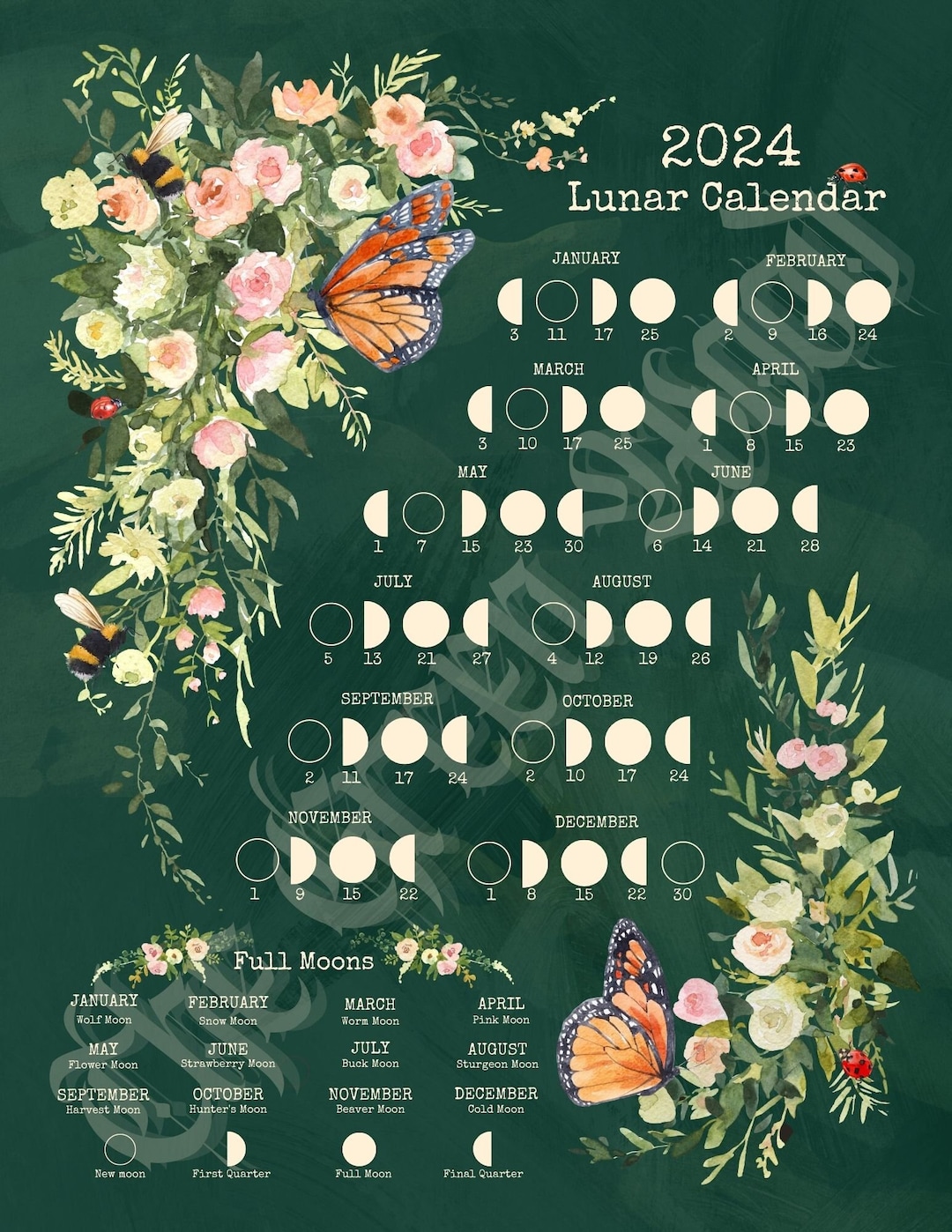 Lunar Calendar 2024 Floral Garden Cottagecore Grimoire Book of Shadows ...