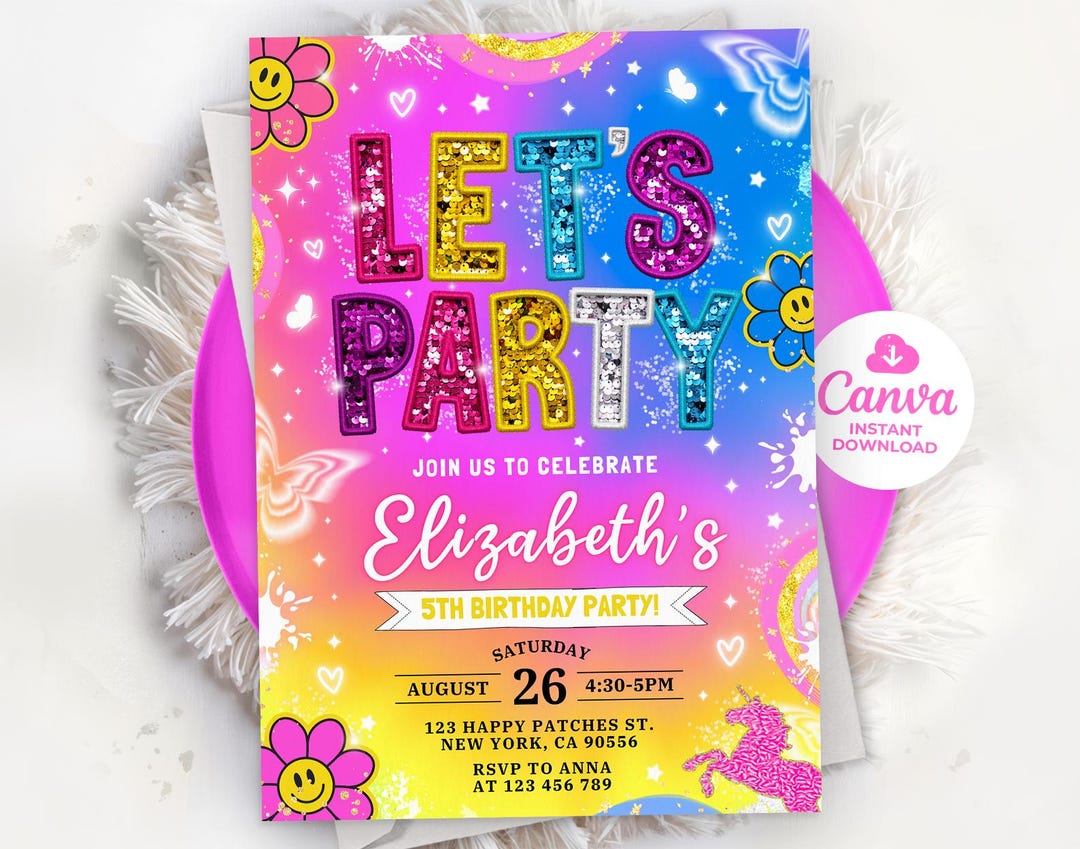 Let's Party Invitation, Patch Letter Invitation, Girl Birthday ...