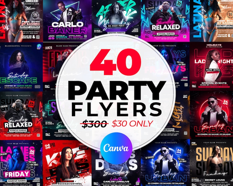 BIG BUNDLE 40 Canva Party Flyers Club Flyers Templates - Etsy