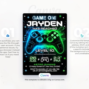 Video Game Party Invitation, Green Gamer Birthday Invitation, Level up ...