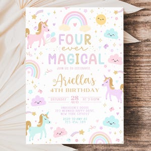 Unicorn 4th Birthday Invitation, Four Ever Magical Invitation, Magical ...