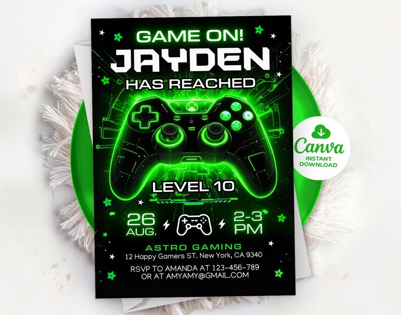 Video Game Party Invitation, Green Gamer Birthday Invitation, Level up ...