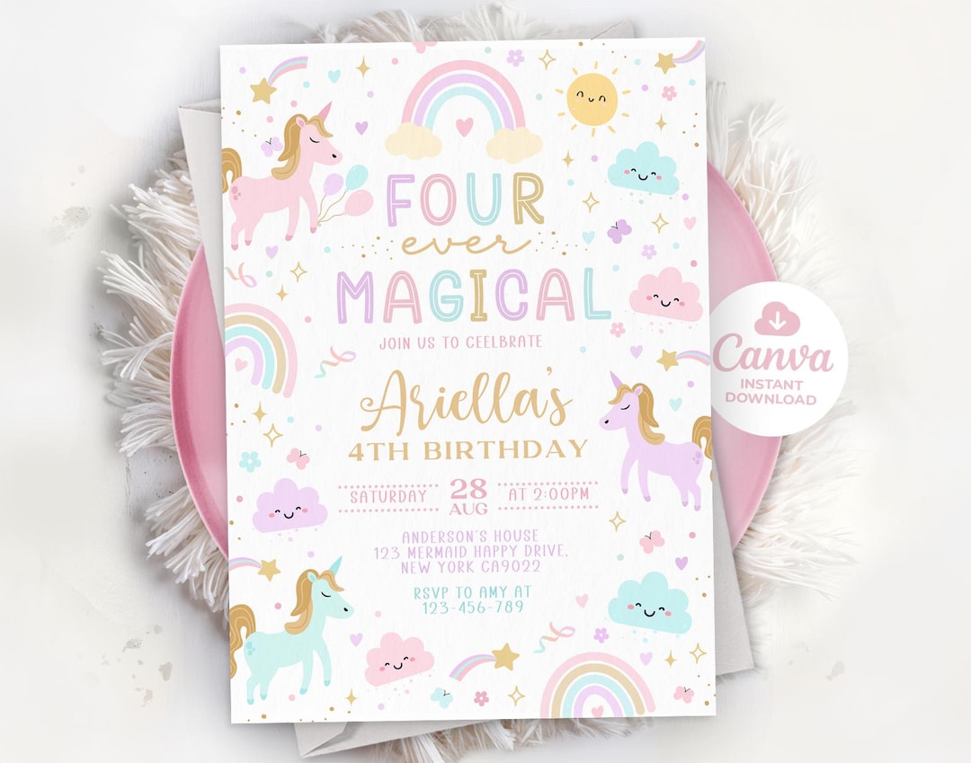 Unicorn 4th Birthday Invitation, Four Ever Magical Invitation, Magical ...