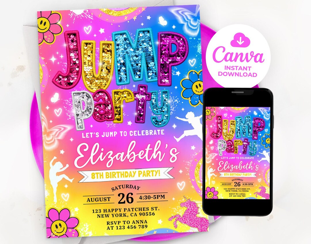 Jump Birthady Invitation, Patch Letter Jump Glitter Invite, Girls ...