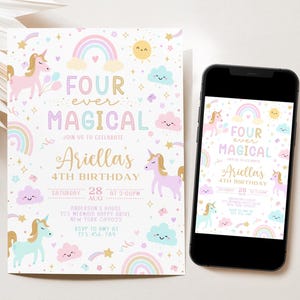 Unicorn 4th Birthday Invitation, Four Ever Magical Invitation, Magical ...
