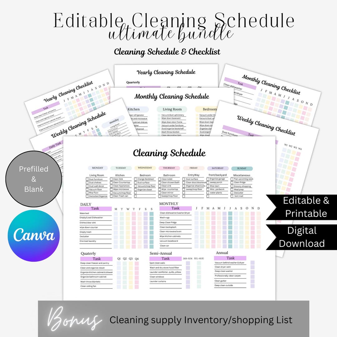 EDITABLE Cleaning Schedule Bundle|editable Cleaning Checklist| Daily ...