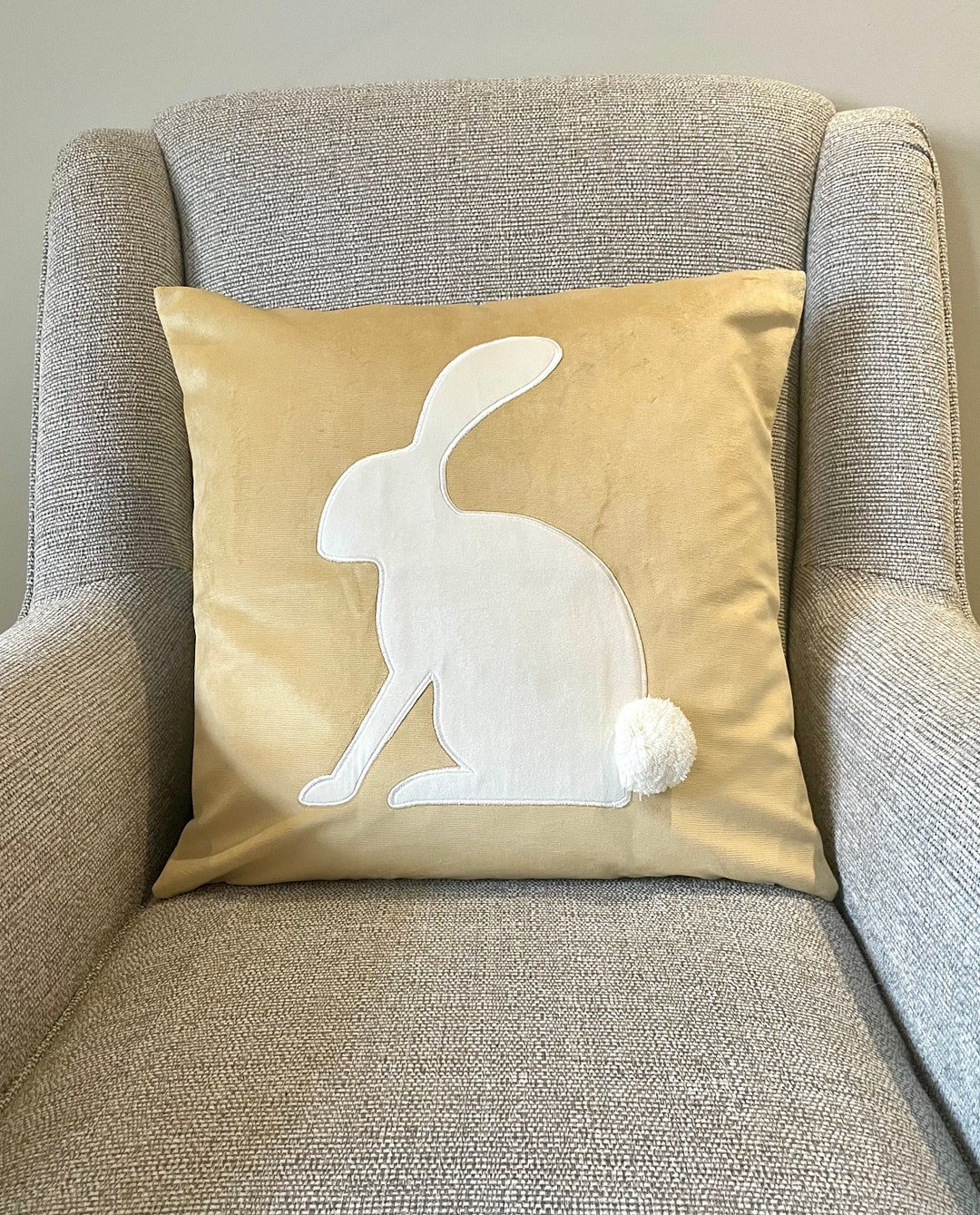 Mustard Velvet White Rabbit With Pom Pom Tail Cushion Cover - Etsy UK
