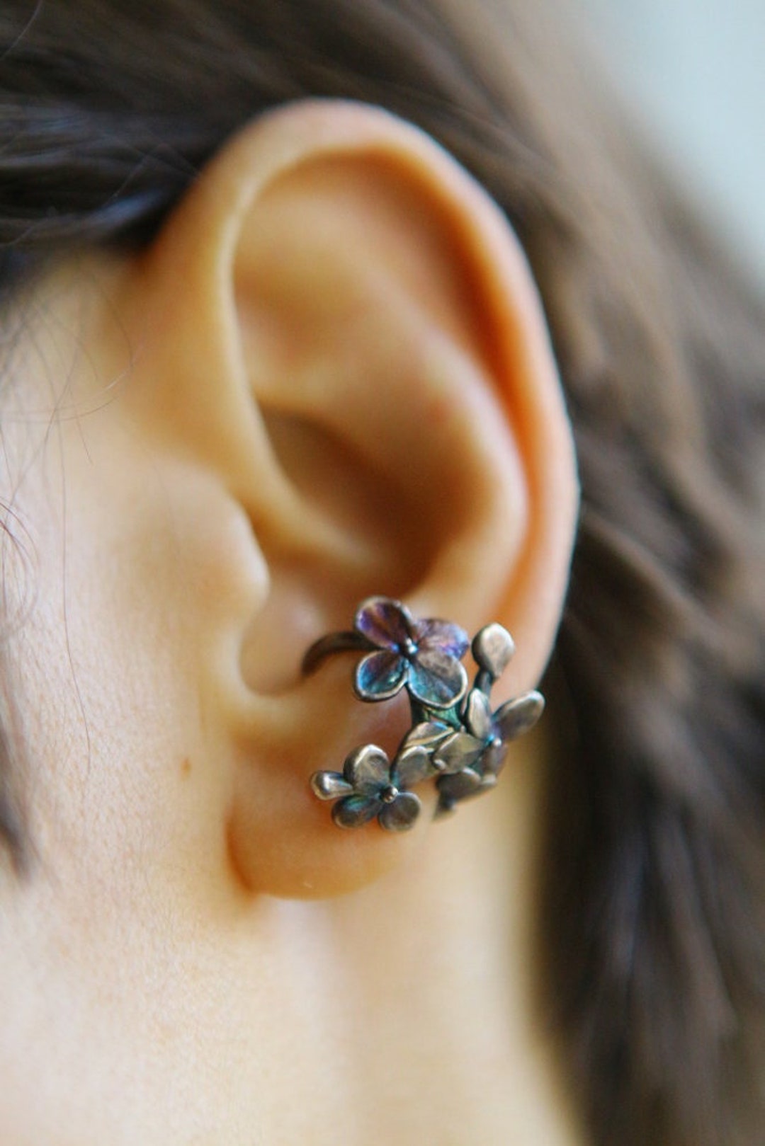 Cute Floral Cuff in Silver With Small Hydrangea Flowers, Floral Ear ...