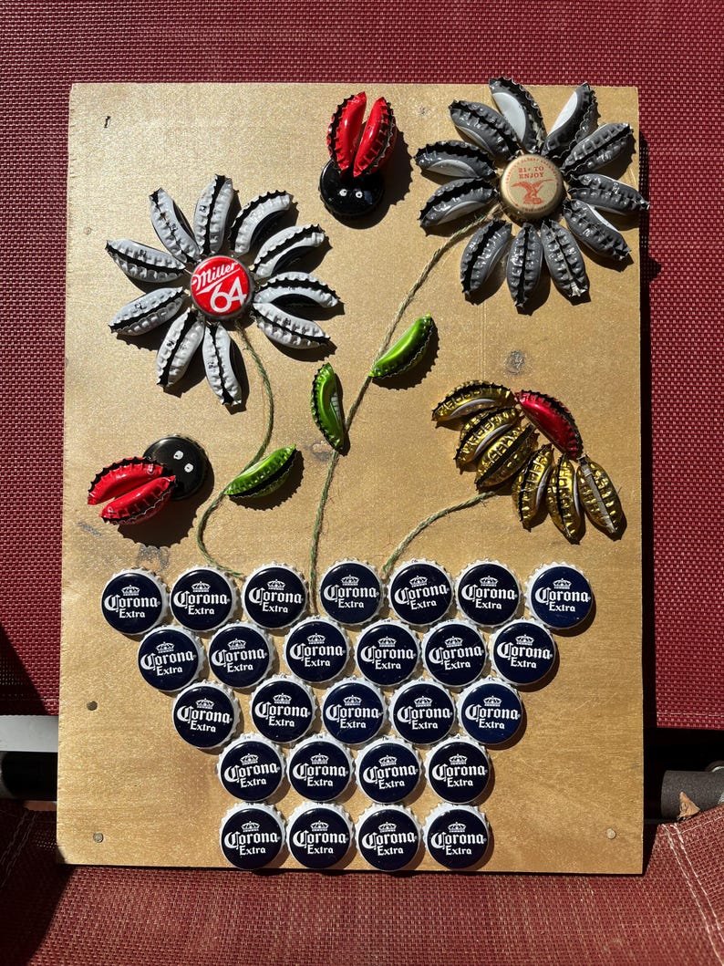 Flower With Lady Bugs Beer Cap Art - Etsy