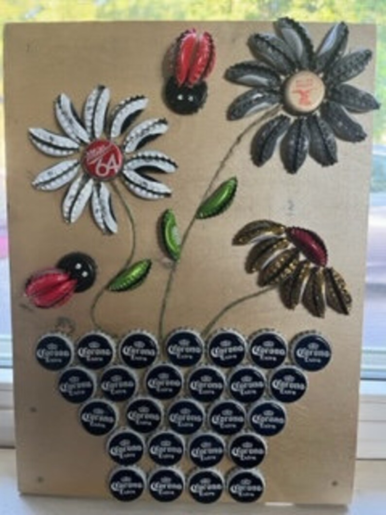 Flower With Lady Bugs Beer Cap Art - Etsy
