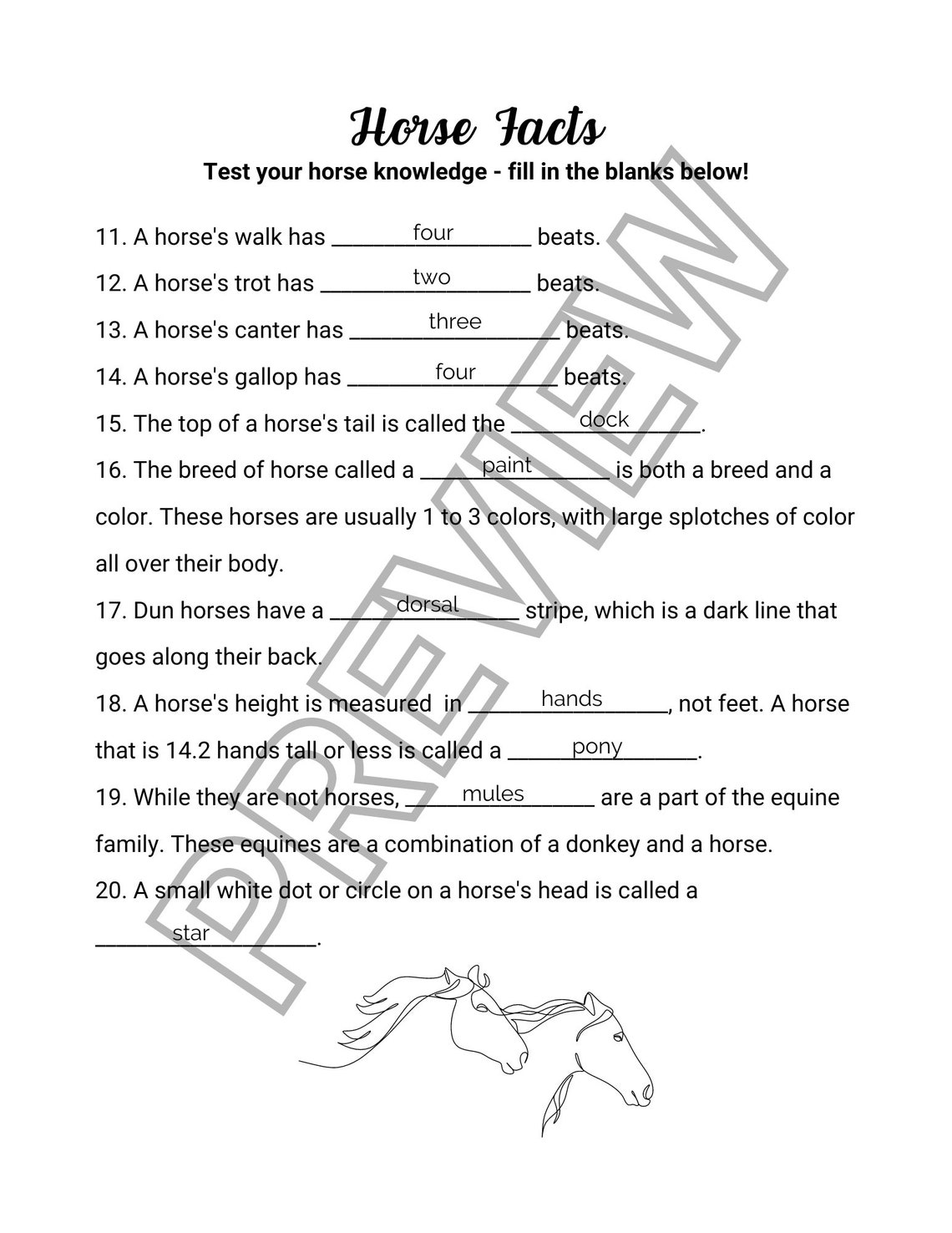 Horse Facts Worksheet - Fill in the Blank - Etsy