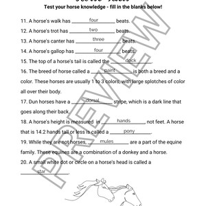 Horse Facts Worksheet - Fill in the Blank - Etsy