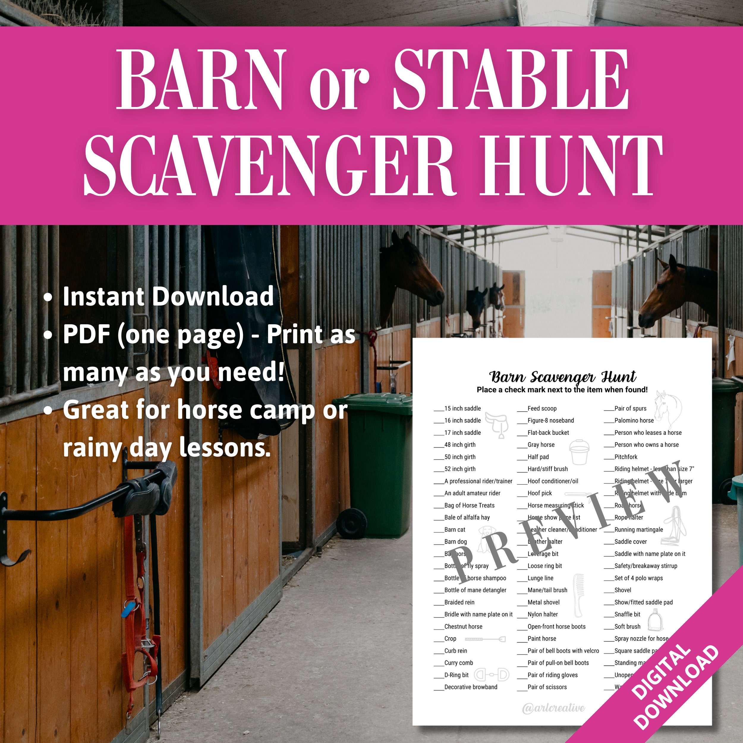 Horse Camp Activity | Horseback Riding Lessons | Barn Stable Scavenger ...