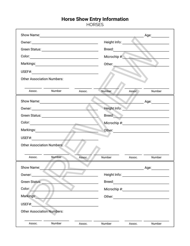 Horse Show Entry Information Sheet - Etsy