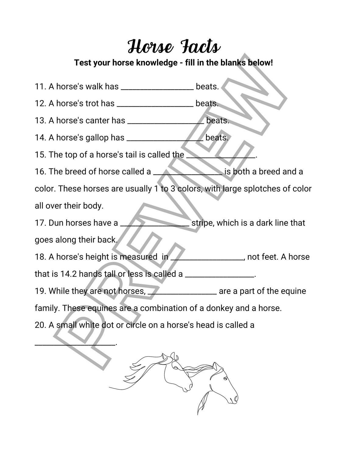 Horse Facts Worksheet - Fill in the Blank - Etsy