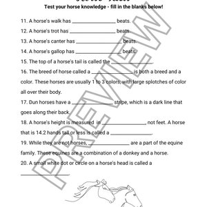 Horse Facts Worksheet - Fill in the Blank - Etsy