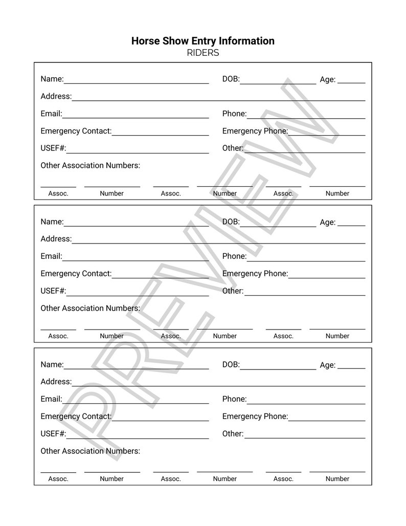 Horse Show Entry Information Sheet - Etsy