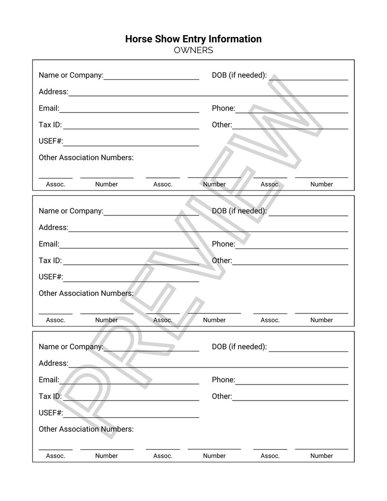 Horse Show Entry Information Sheet - Etsy