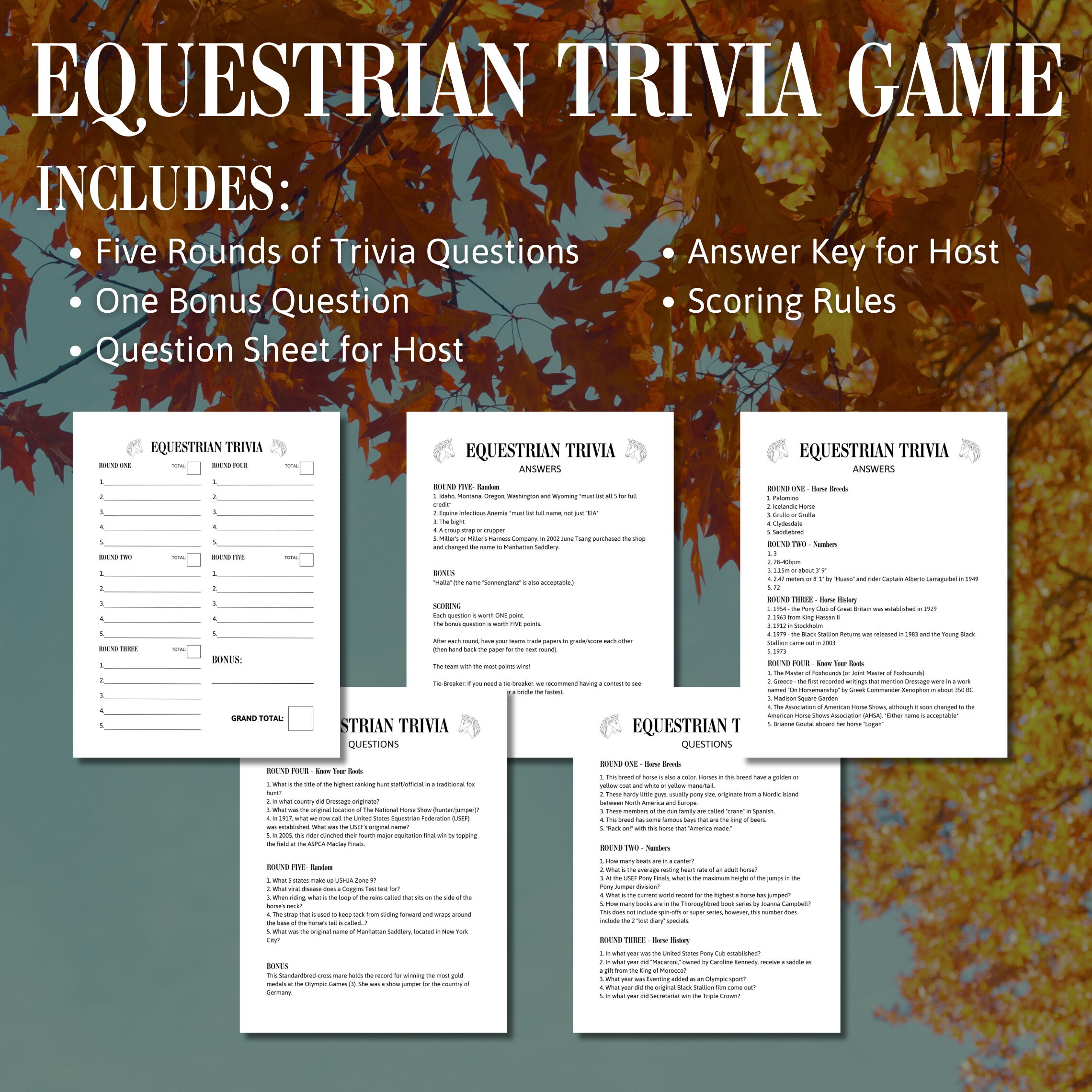 Horse-themed Fall Party Horse Show Activity | Autumn Thanksgiving Break ...
