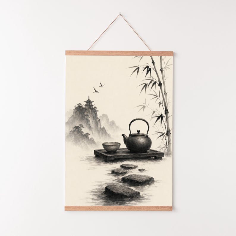 Zen Ink Painting, Japanese Tea Ceremony, Pagoda Bamboo Art, Sumi-e Tea ...