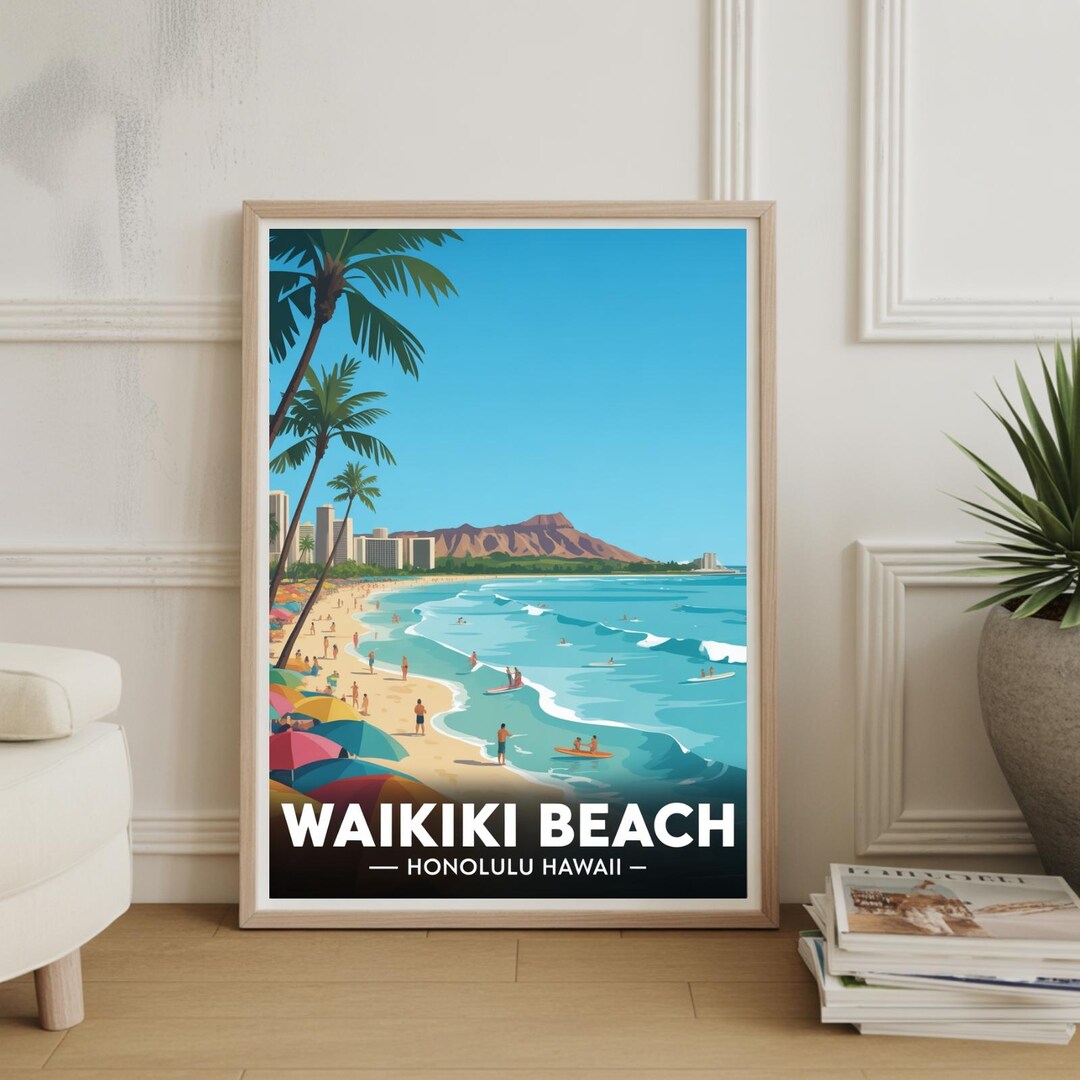 Waikiki Beach Poster, Diamond Head View, Honolulu Hawaii Travel Art ...