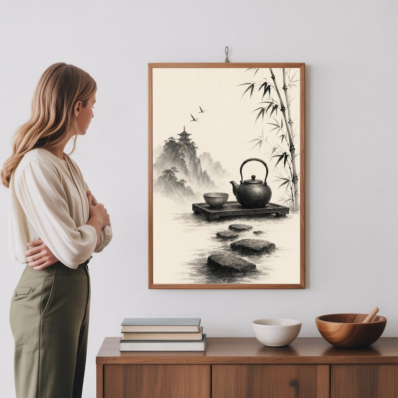 Zen Ink Painting, Japanese Tea Ceremony, Pagoda Bamboo Art, Sumi-e Tea ...