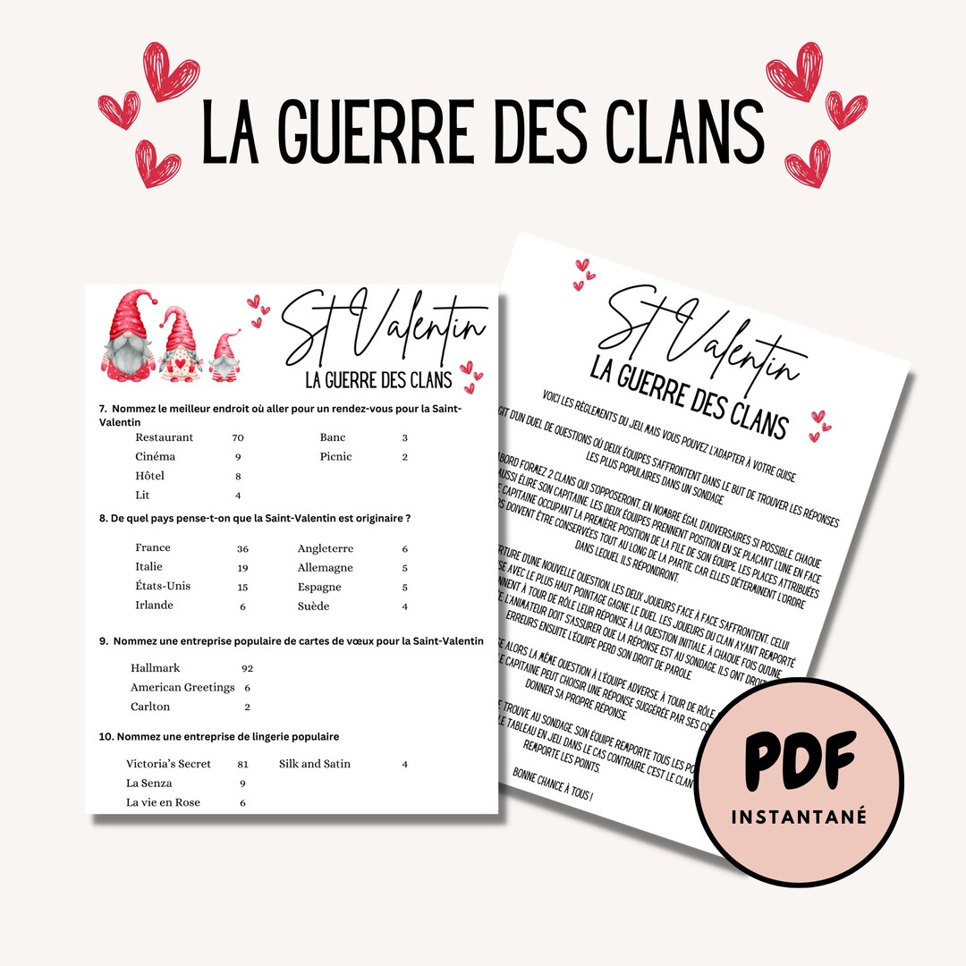 Valentine's Day Games in French to Print, Valentine's Day Clan War ...