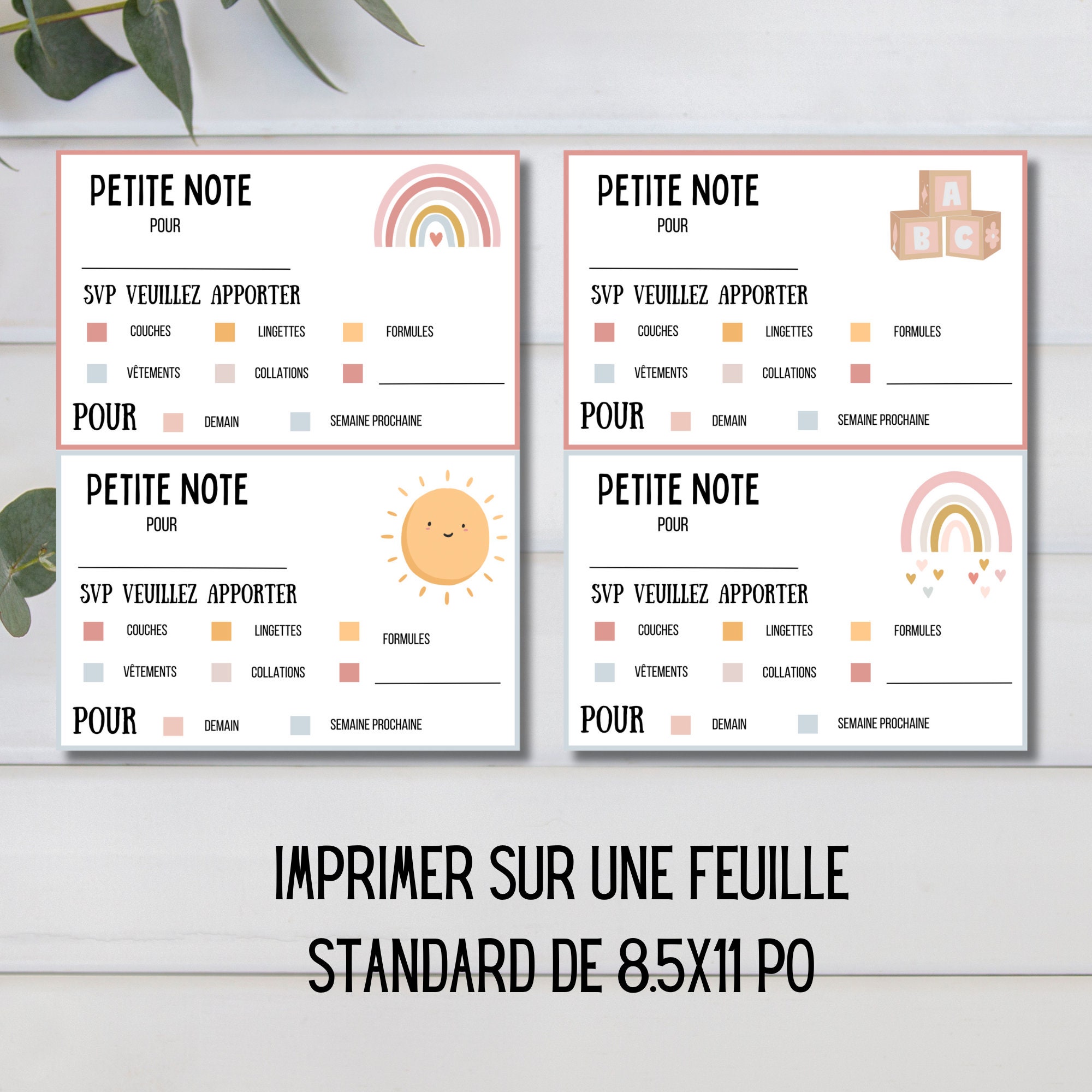 Note de garderie imprimable, carte pour garderie, carte de rappel ...
