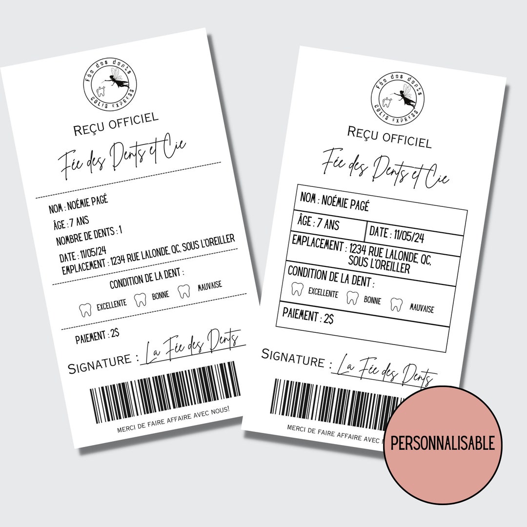 Reçu de la Fée des dents personnalisable en français, Reçu perte de ...