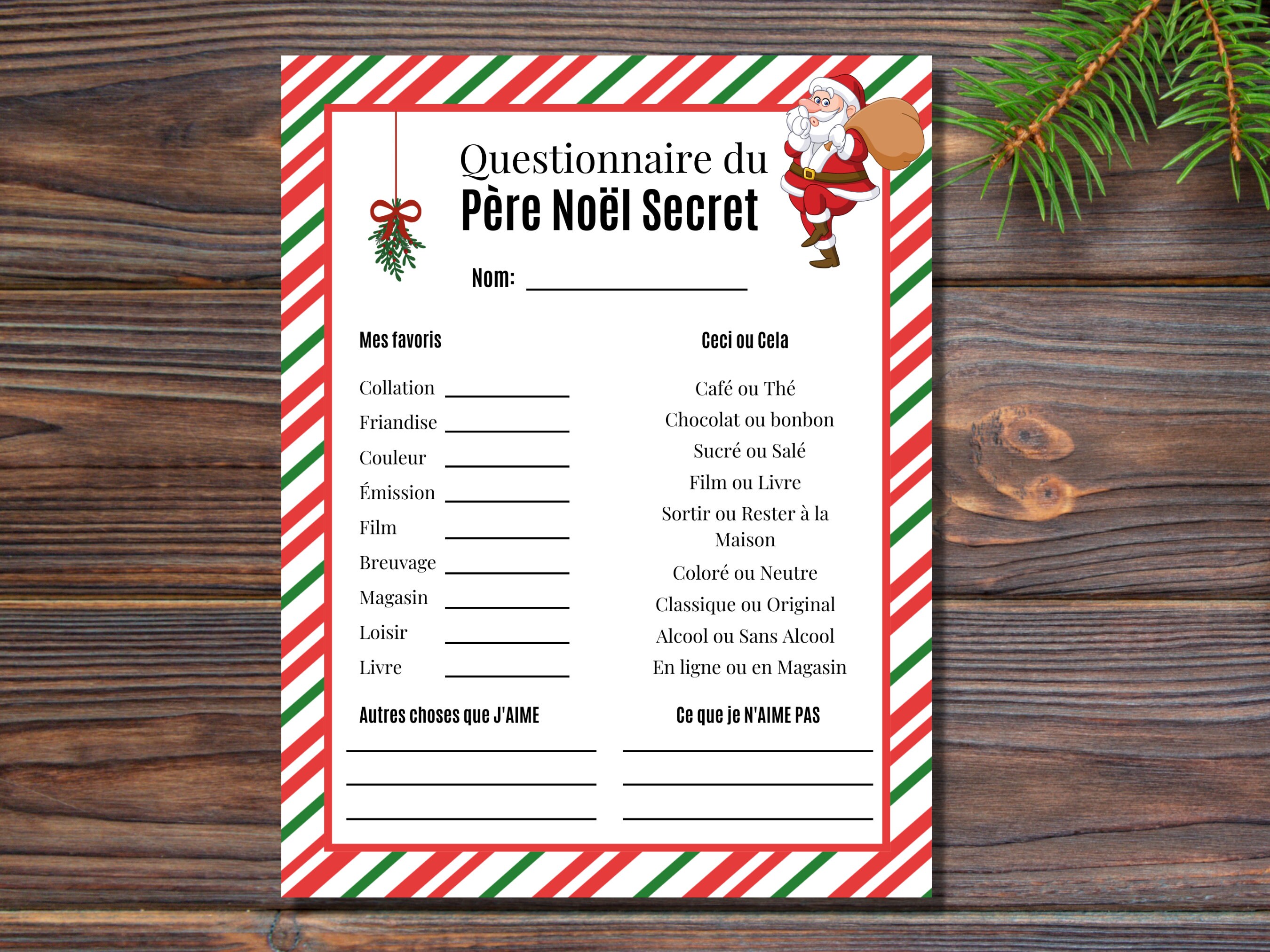 Secret Santa Questionnaire in French, Secret Santa for Work, Printable ...