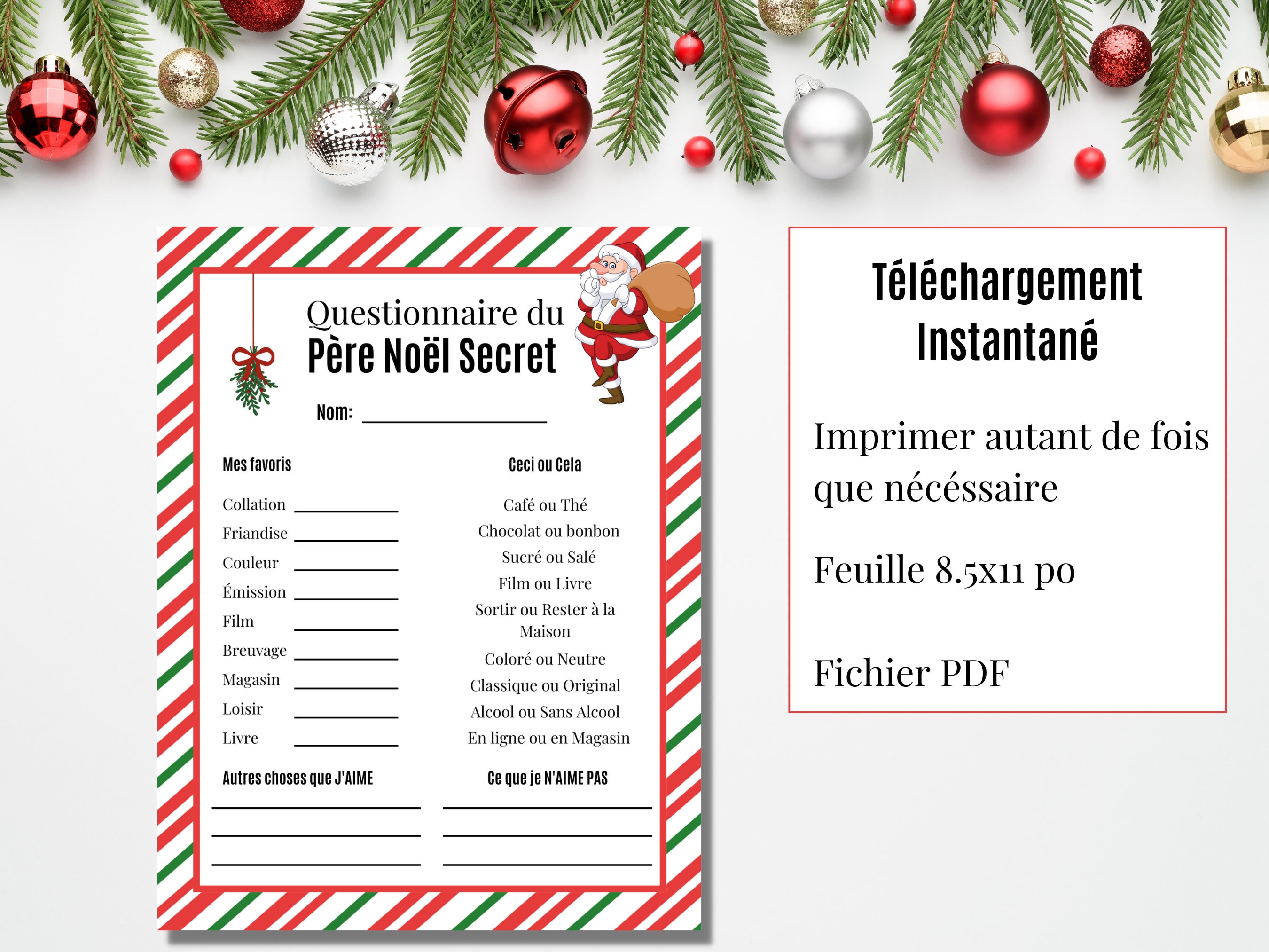 Secret Santa Questionnaire in French, Secret Santa for Work, Printable ...