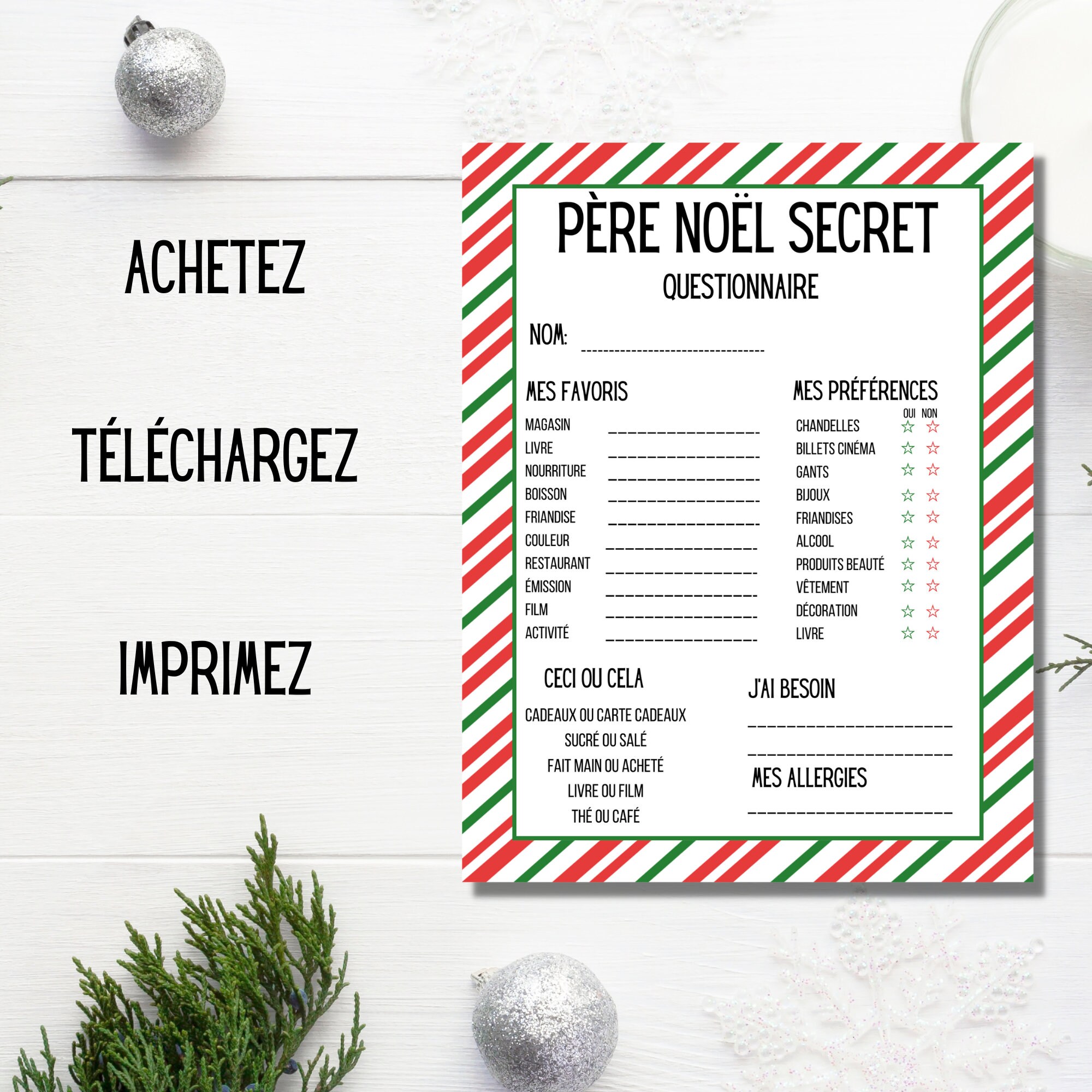 Secret Santa Questionnaire in French, Secret Santa at Work, Santa List ...